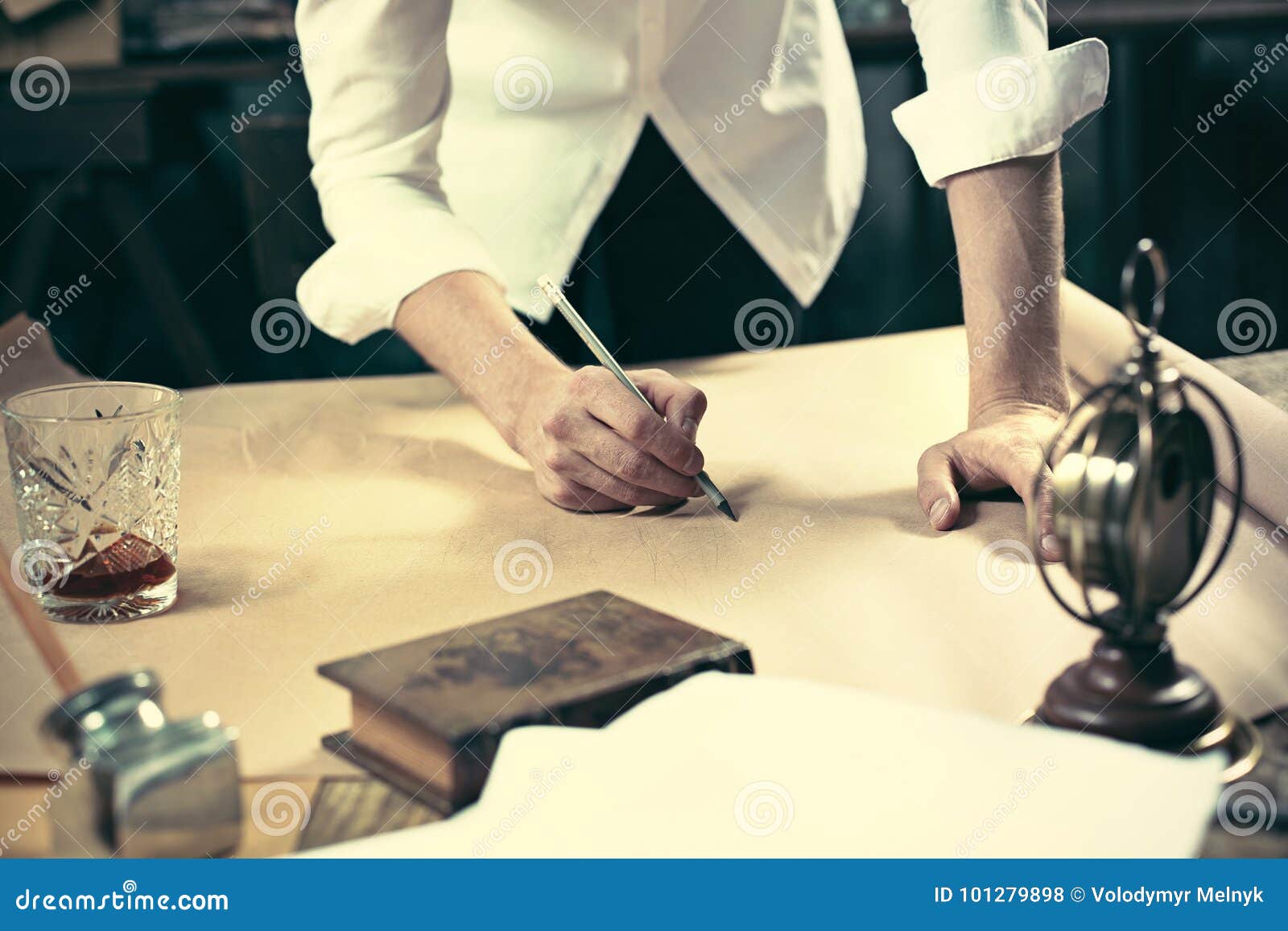 Architect Working on Drawing Table in Office Stock Photo - Image of ...