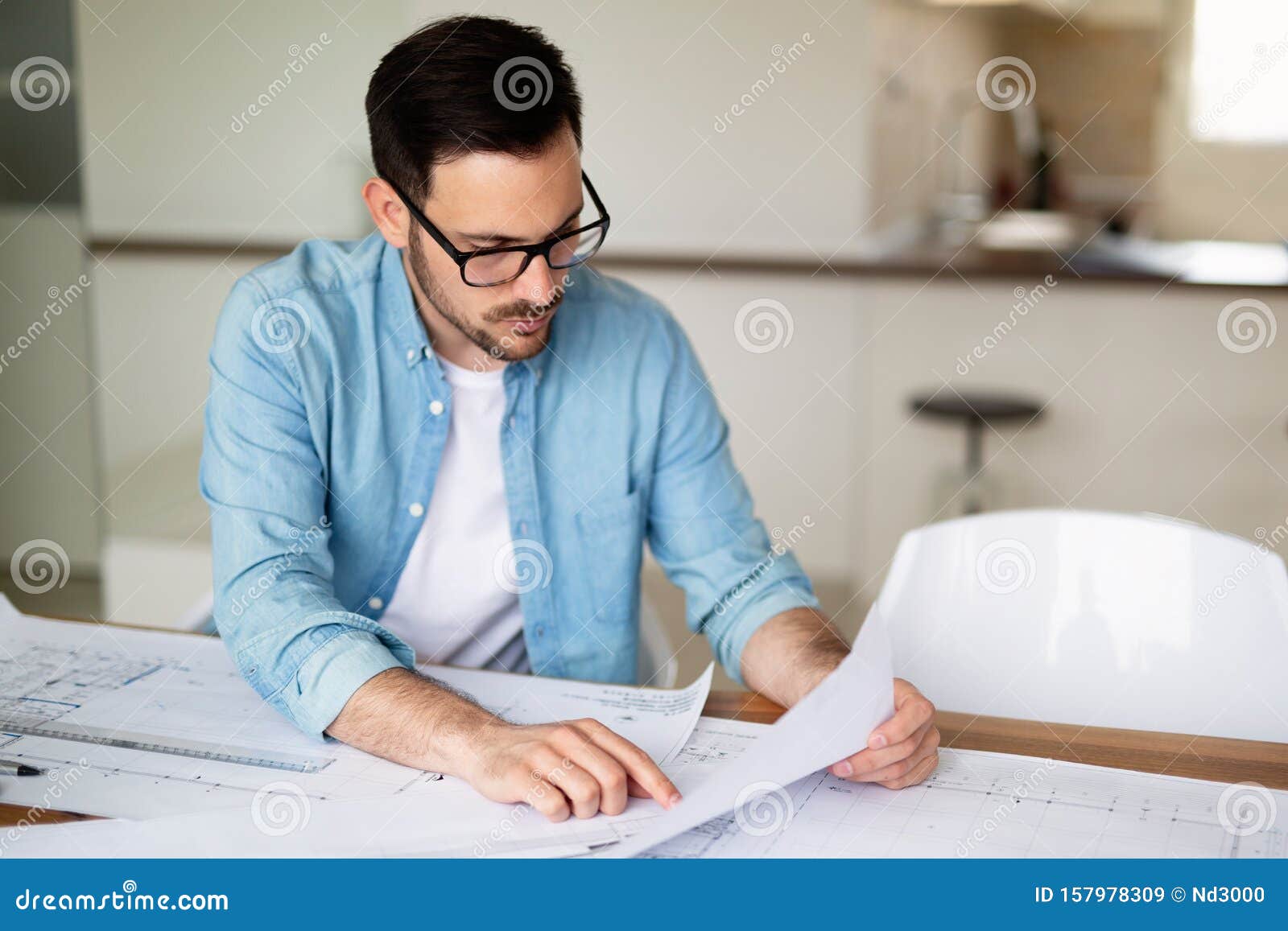 Architect Working on Drawing Table in Office Stock Image - Image of ...