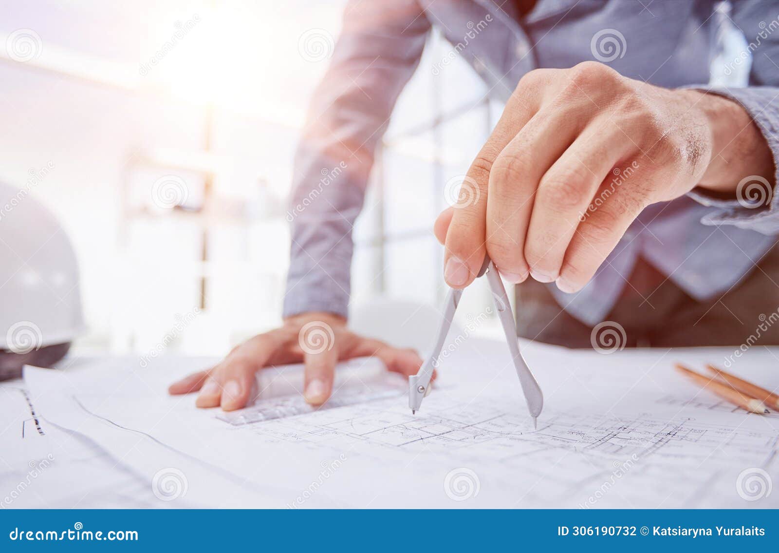 Architect Working on Drawing Table in Office Stock Photo - Image of ...