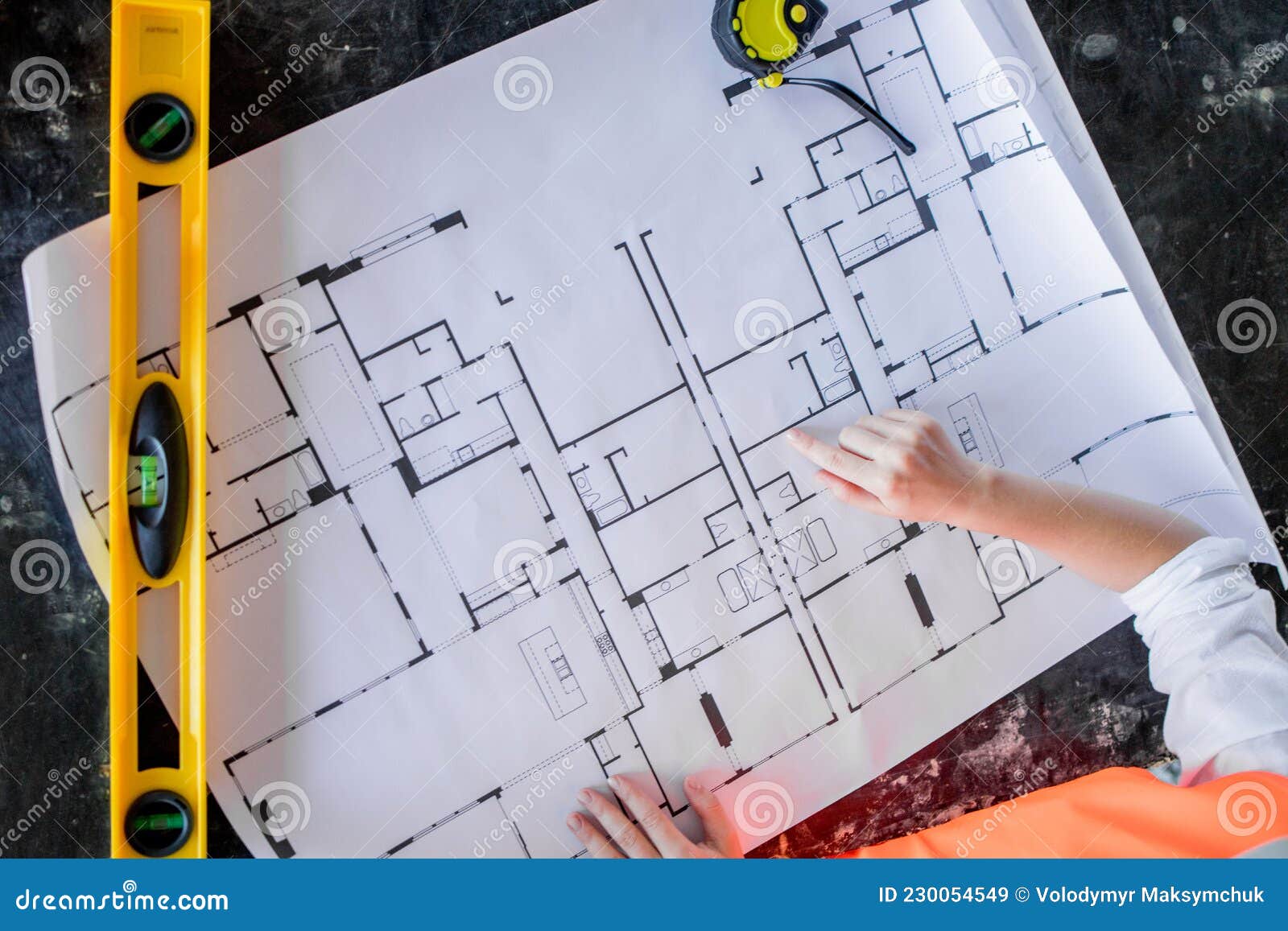 Architect Working Over Plan. Closeup Desk with Blueprints Drawing Stock ...