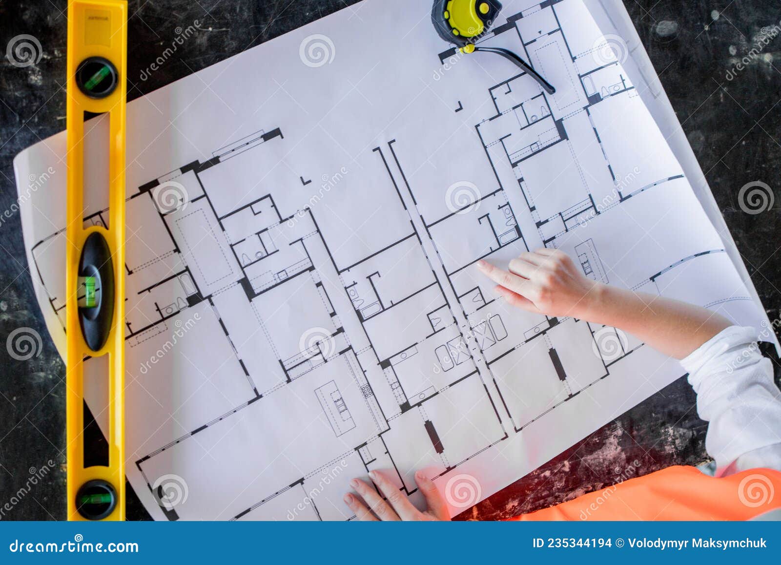 Architect Working Over Plan. Closeup Desk with Blueprints Drawing Stock ...