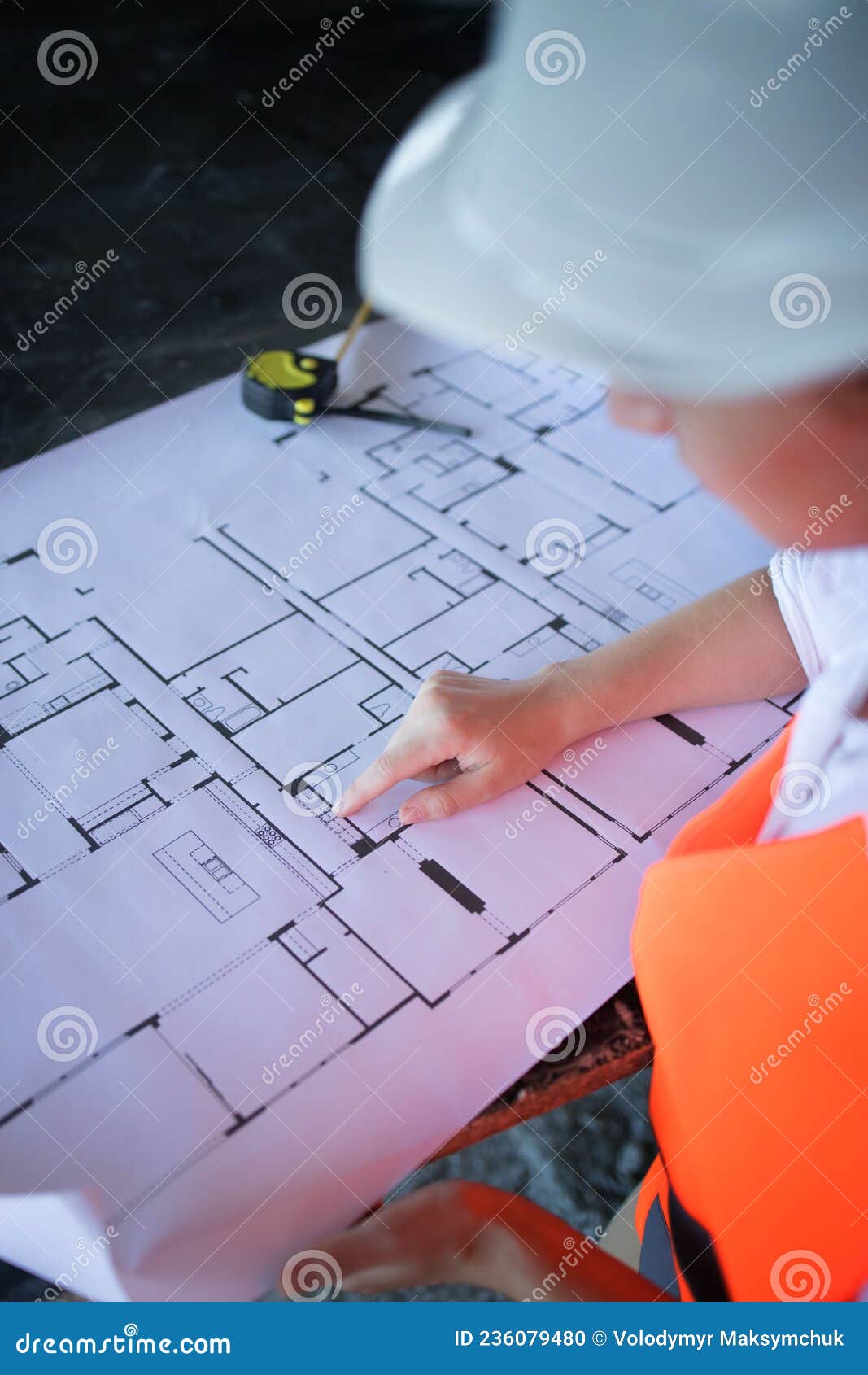 Architect Working Over Plan. Closeup Desk with Blueprints Drawing Stock ...