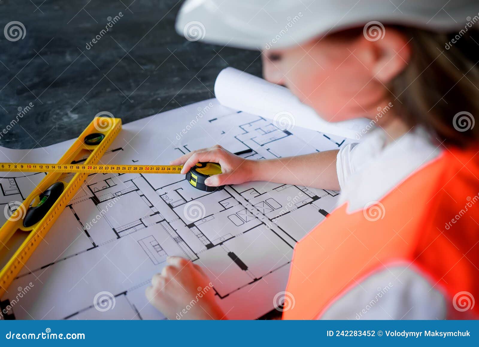 Architect Working Over Plan. Closeup Desk with Blueprints Drawing Stock ...