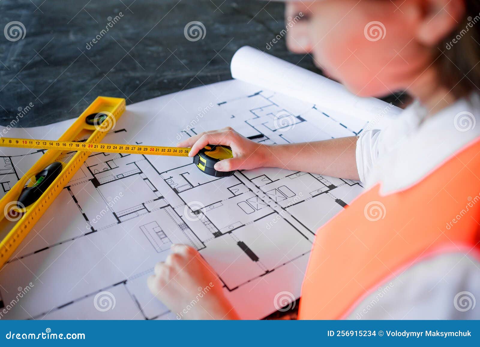 Architect Working Over Plan. Closeup Desk with Blueprints Drawing ...