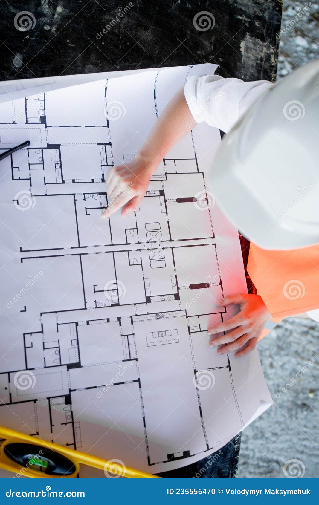 Architect Working Over Plan. Closeup Desk with Blueprints Drawing Stock ...