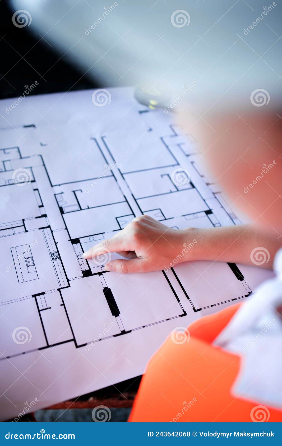 Architect Working Over Plan. Closeup Desk with Blueprints Drawing Stock ...