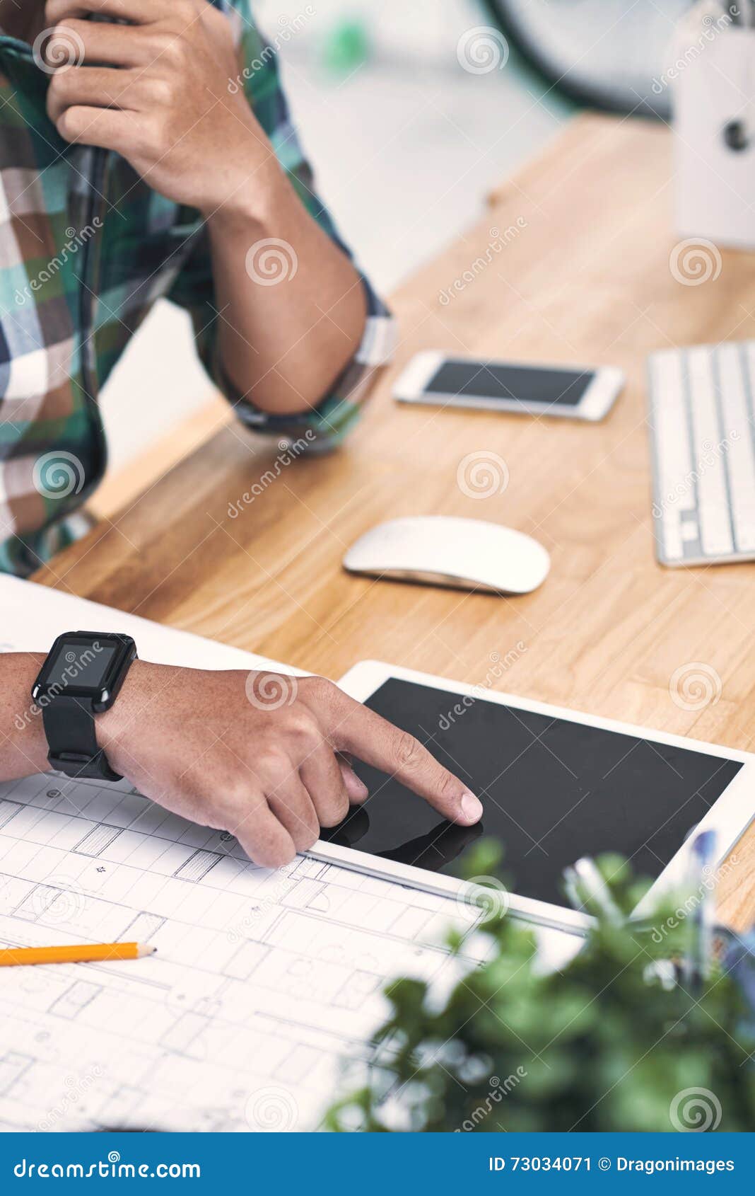 Architect working with pad stock image. Image of touchscreen - 73034071