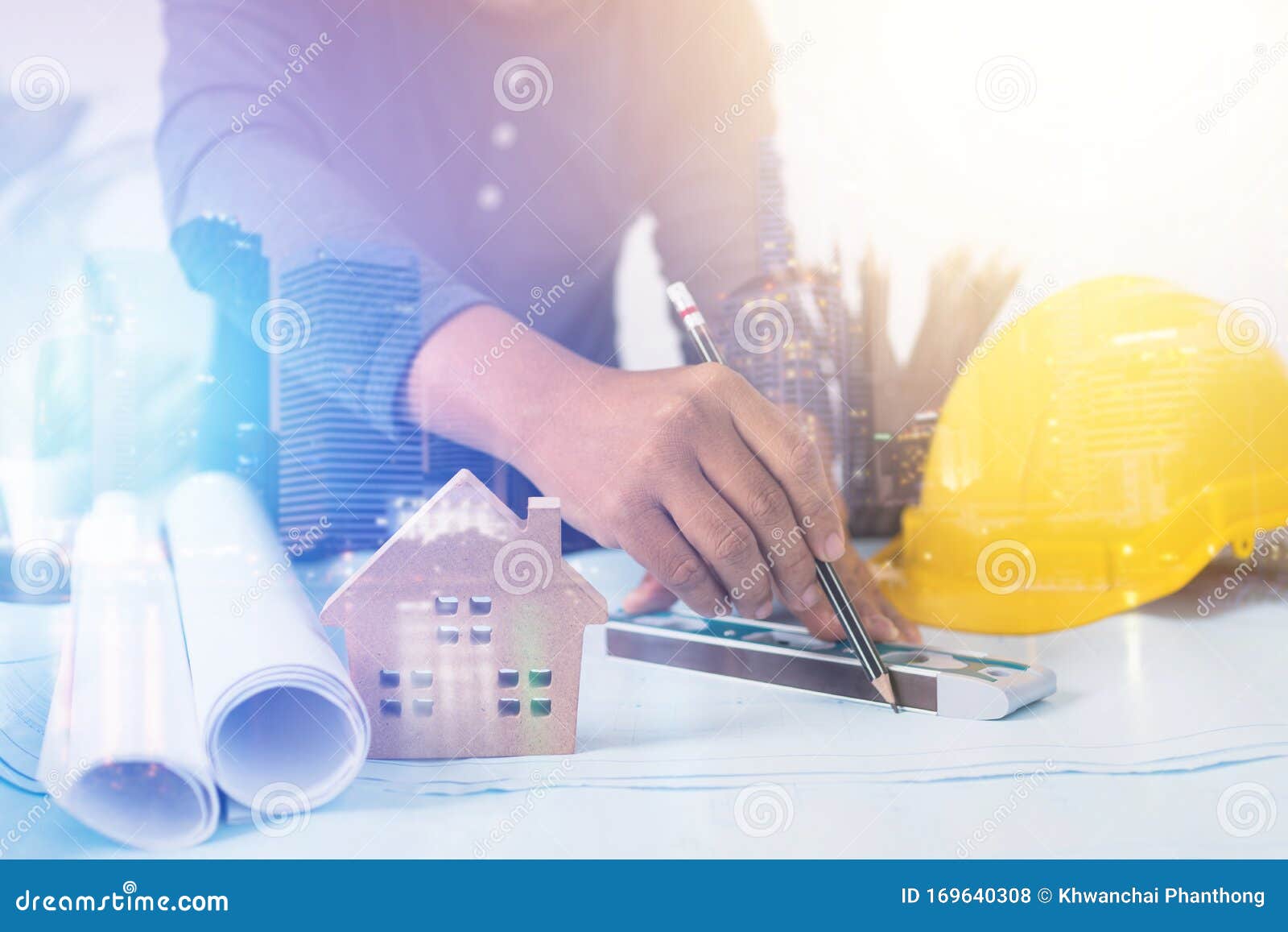 Architect Working and Planning on Blueprint, Engineering Objects on ...