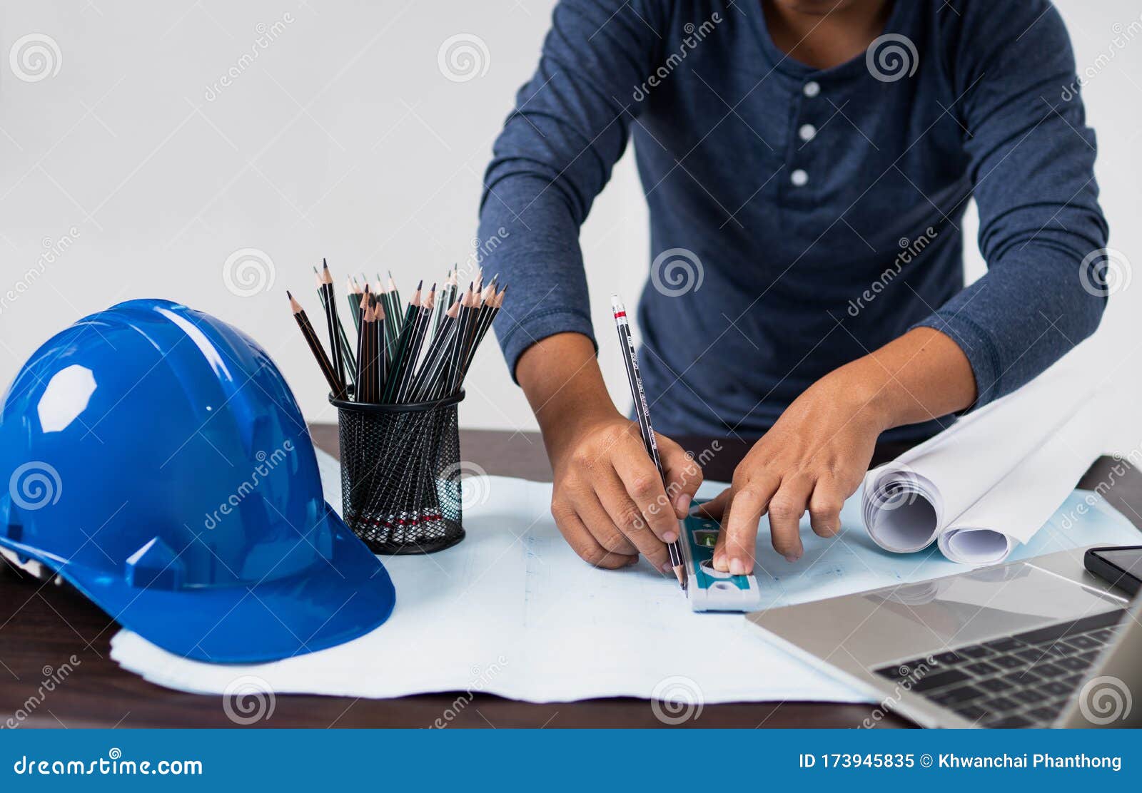 Architect Working and Planning on Blueprint, Engineering Objects on ...
