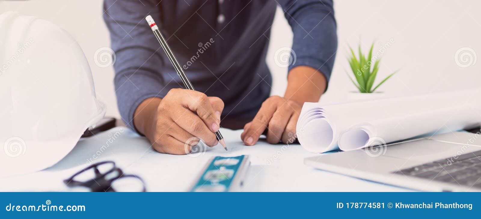 Architect Working and Planning on Blueprint, Engineering Objects on ...