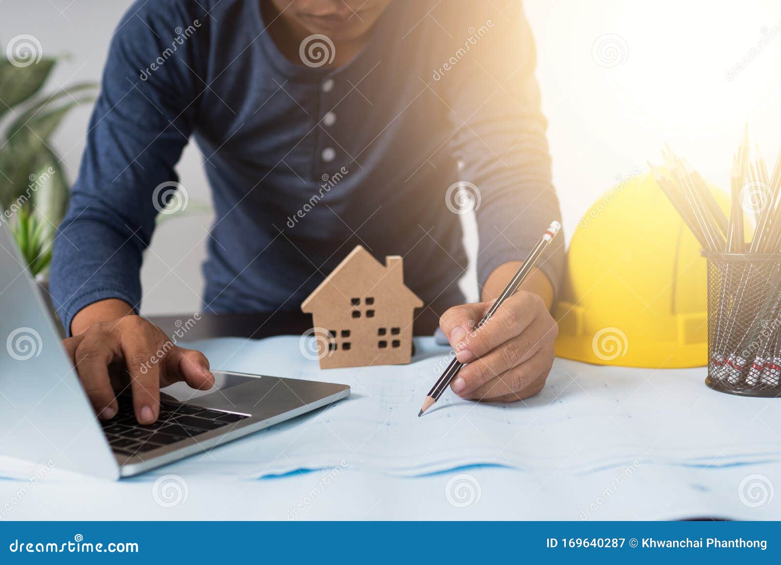 Architect Working and Planning on Blueprint, Engineering Objects on ...