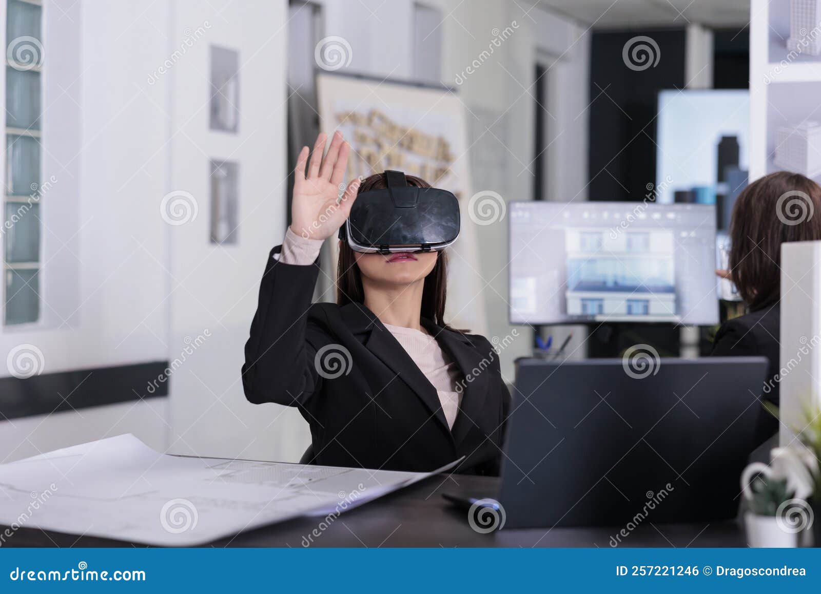 Architect Working on Project Blueprints Wearing Vr Helmet Stock Photo ...