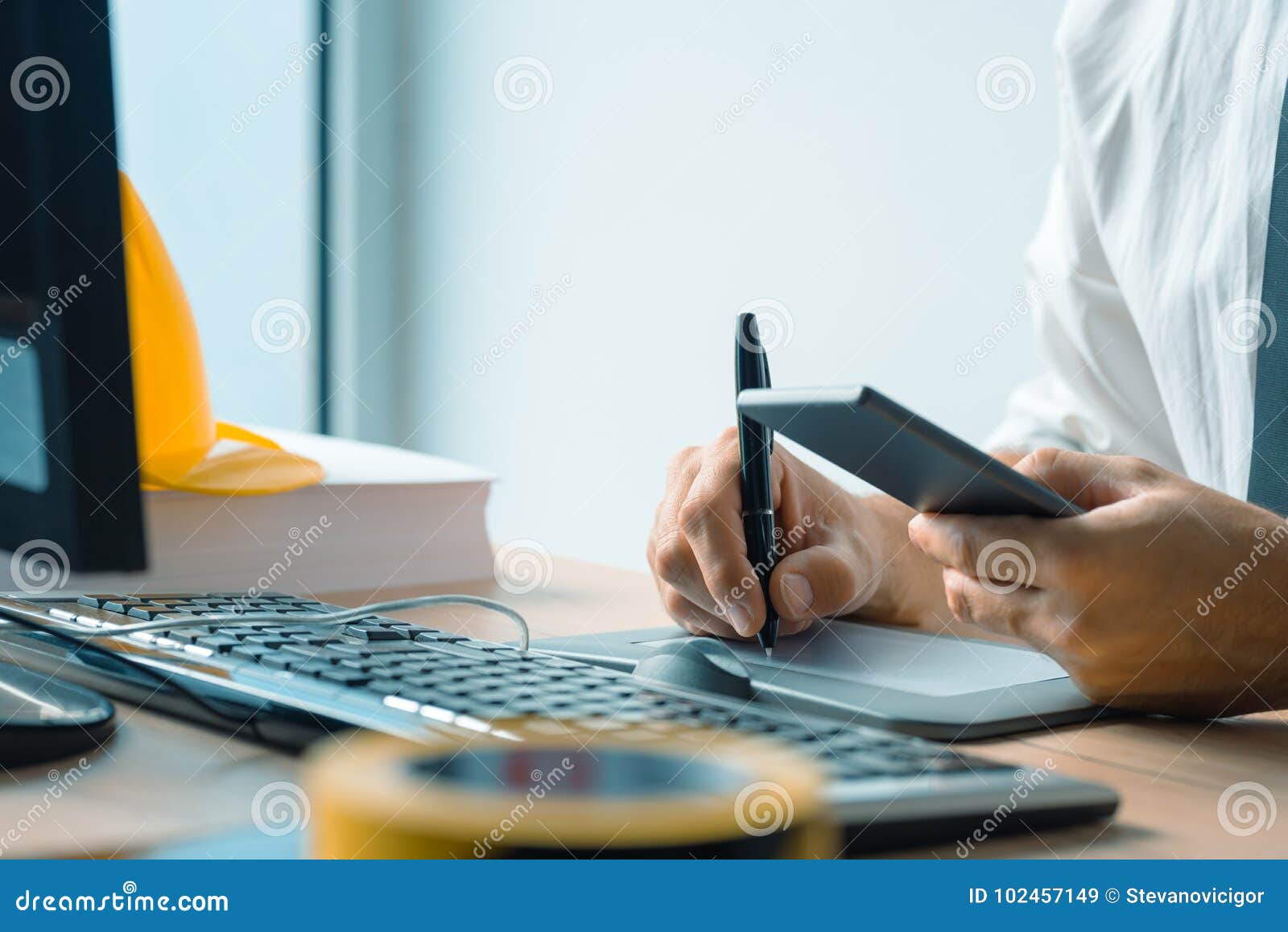 Architect Working with Sketch Pen Tablet and CAD Software Stock Image ...