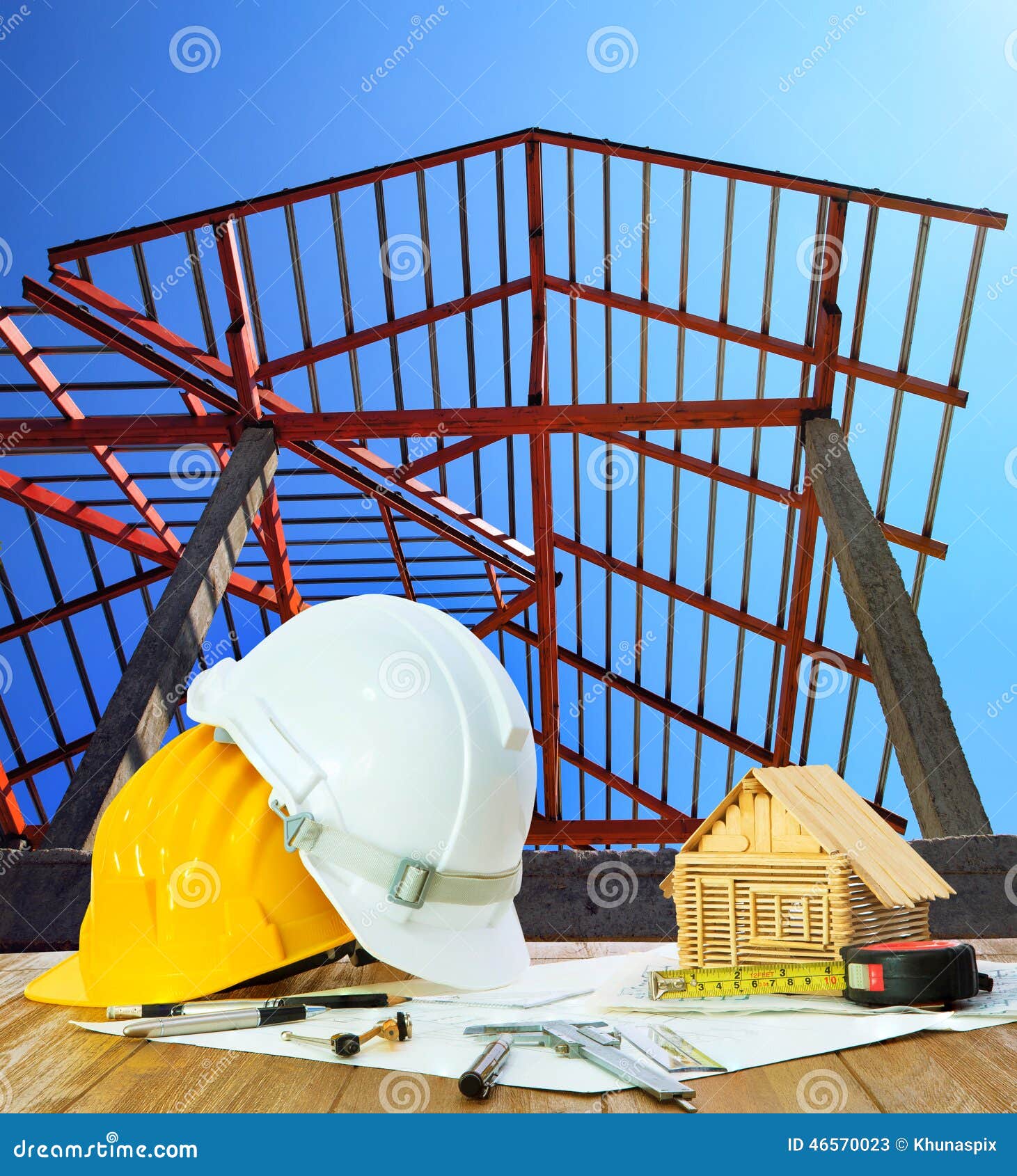 Architect Working Table Hard Hat House Model Plan Sheet and Writ Stock ...