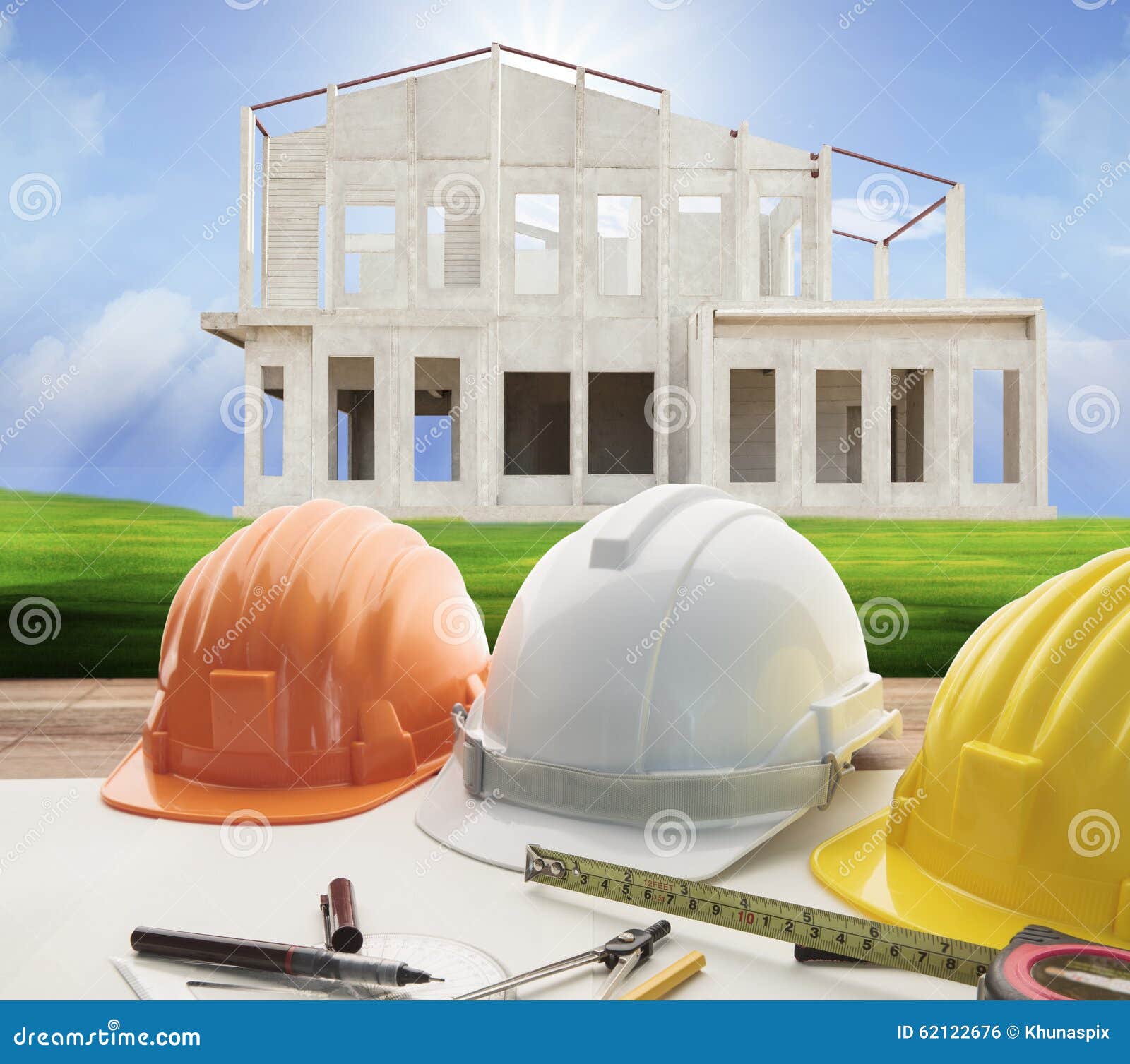Architect Working Table and Home Construction Background Stock Photo ...