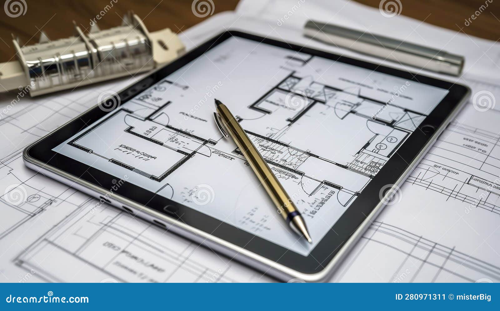 Architect Workplace with Digital Tablet and Blueprints Stock ...