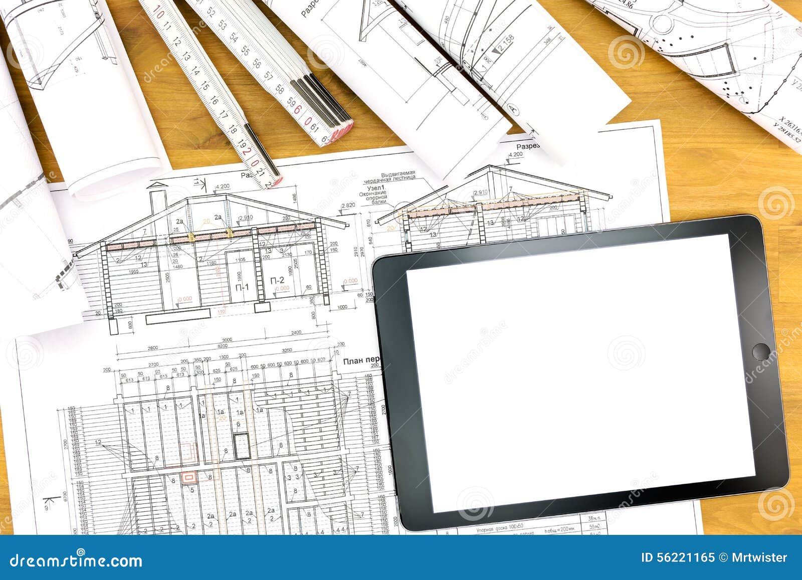 Architect Workplace with Tablet Blueprint and Rolls of Plans Stock ...