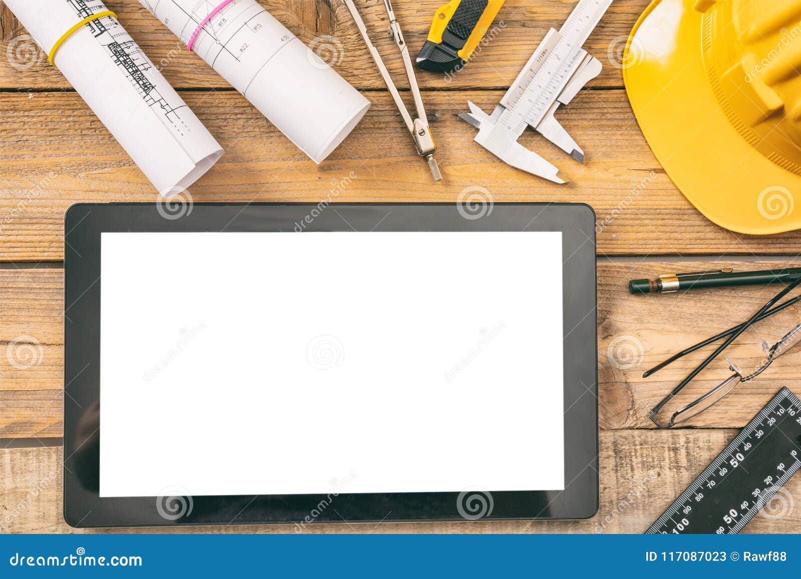 Architect Workplace. Tablet with White Blank Screen, Project ...