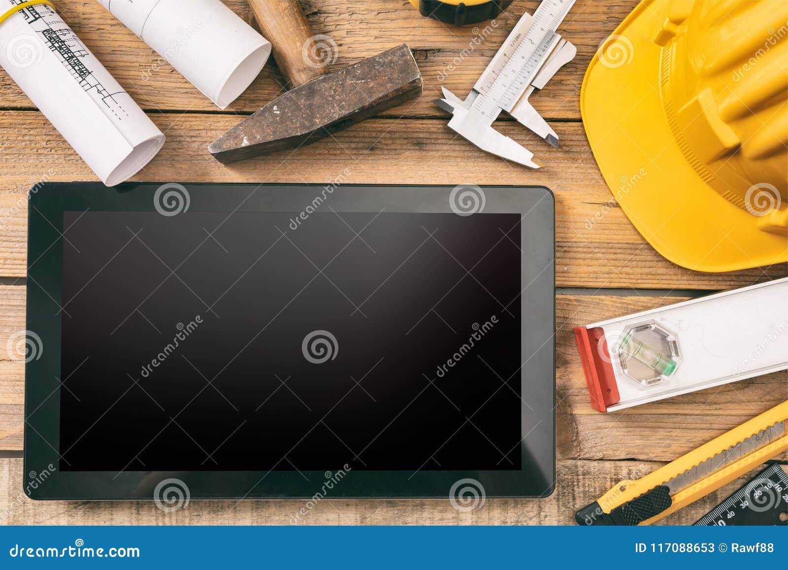Architect Workplace. Tablet with Black Blank Screen, Project ...