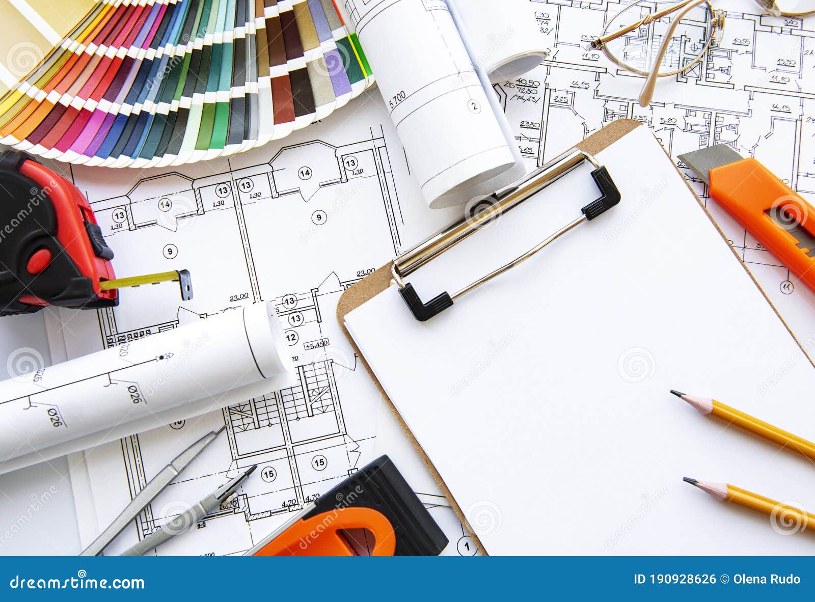 Architect Workplace Top View Stock Photo - Image of engineer ...