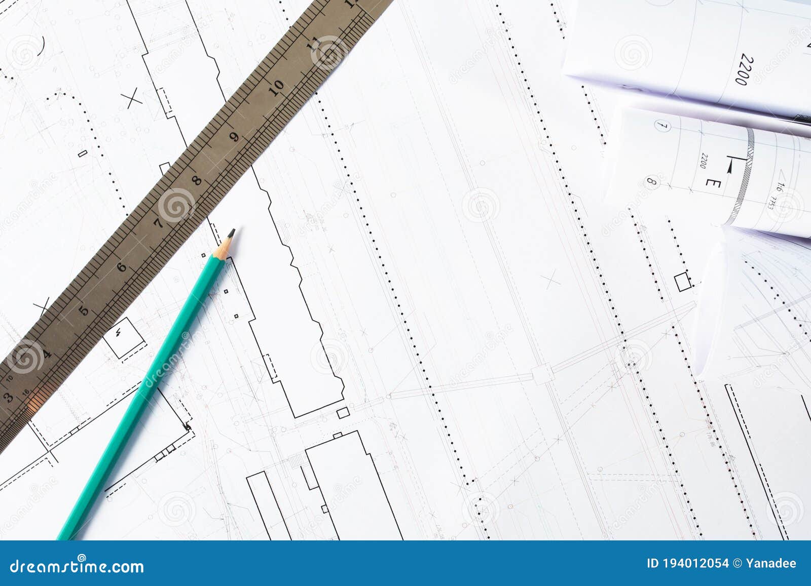 Architect Workplace Top View. Architectural Project, Blueprints ... Architect Workplace Top View. Architectural Project, Blueprints ...
