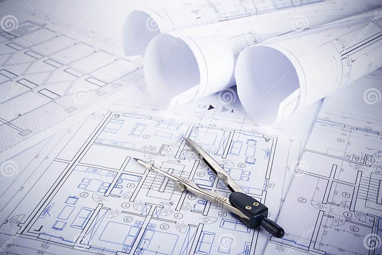 Architect Workplace Top View. Architectural Project, Blueprints ...