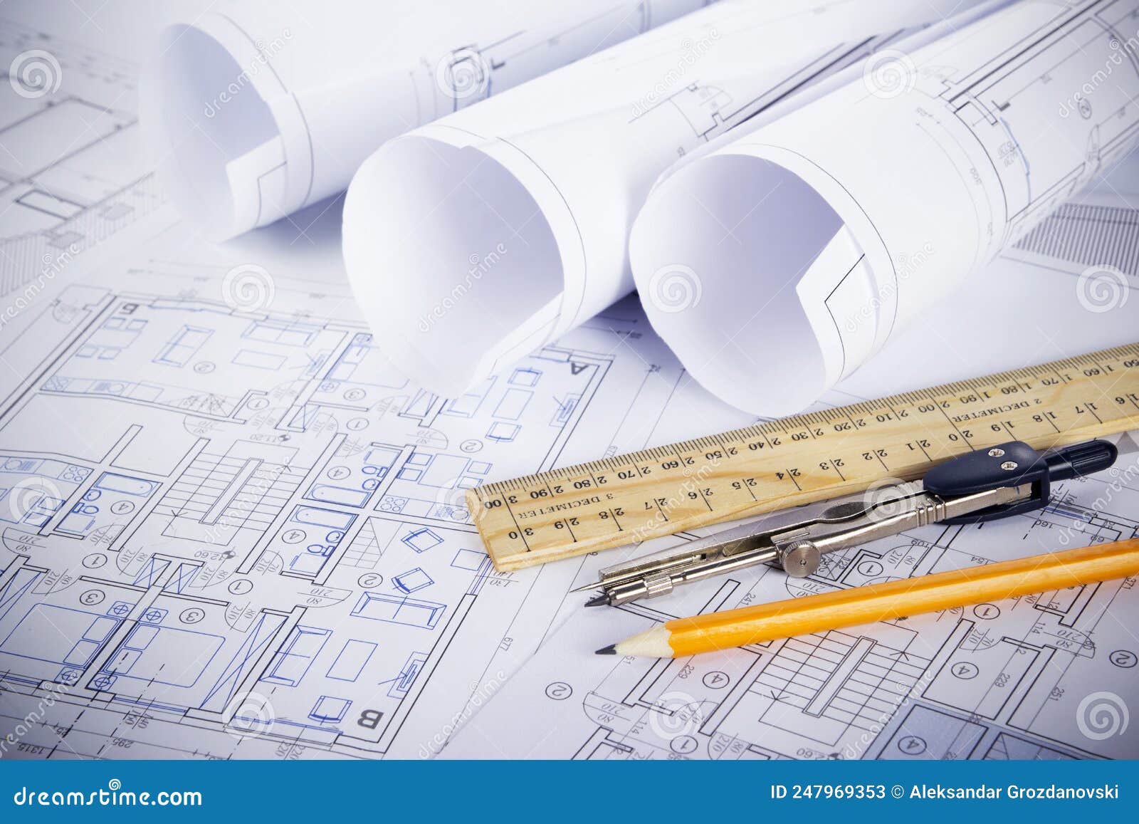 Architect Workplace Top View. Architectural Project, Blueprints ...