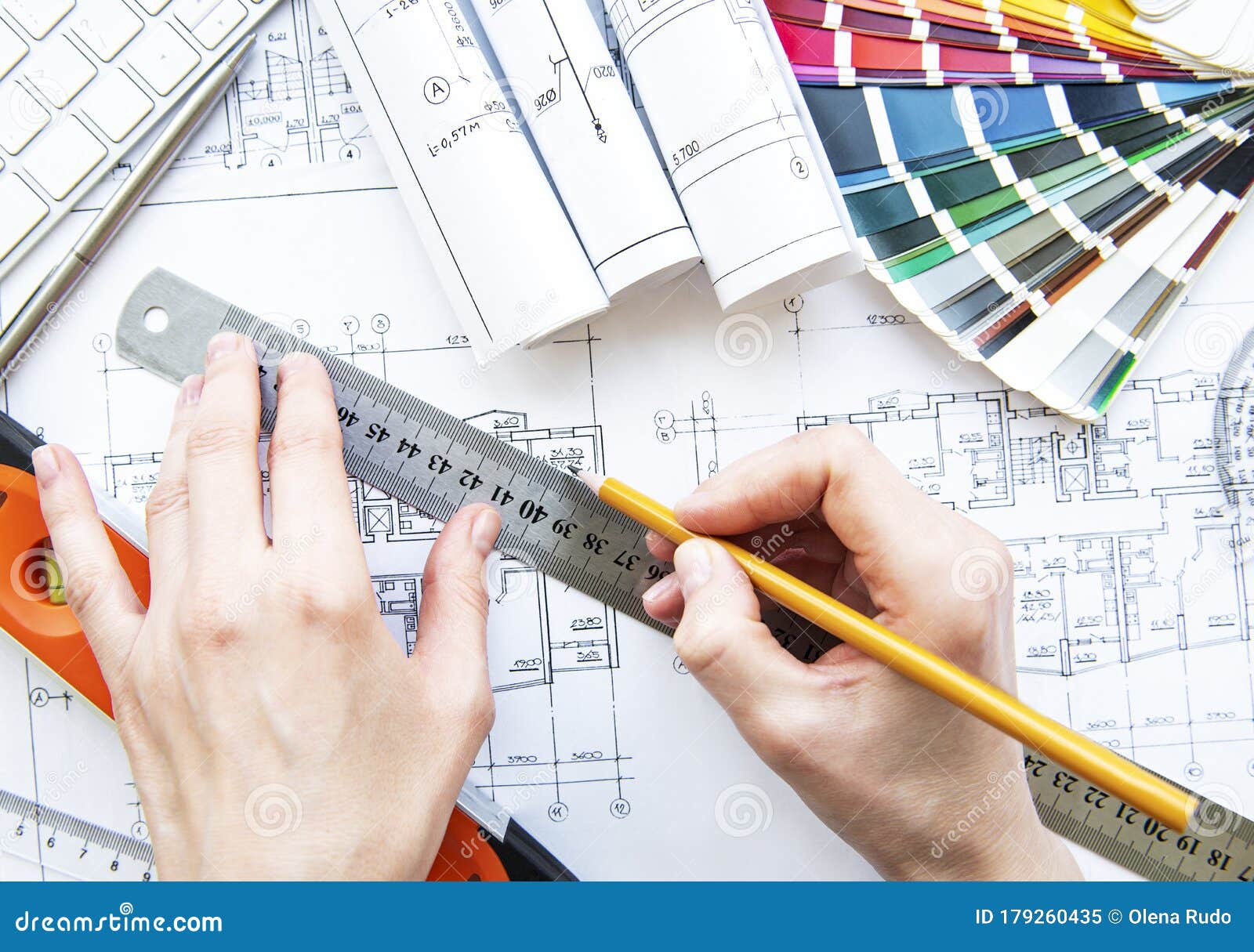 Architect Workplace Top View Stock Image - Image of measurement ...