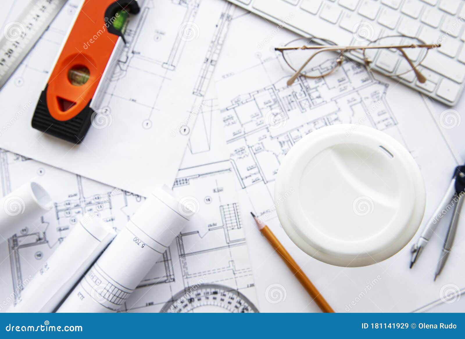 Architect Workplace Top View Stock Image - Image of contractor ...