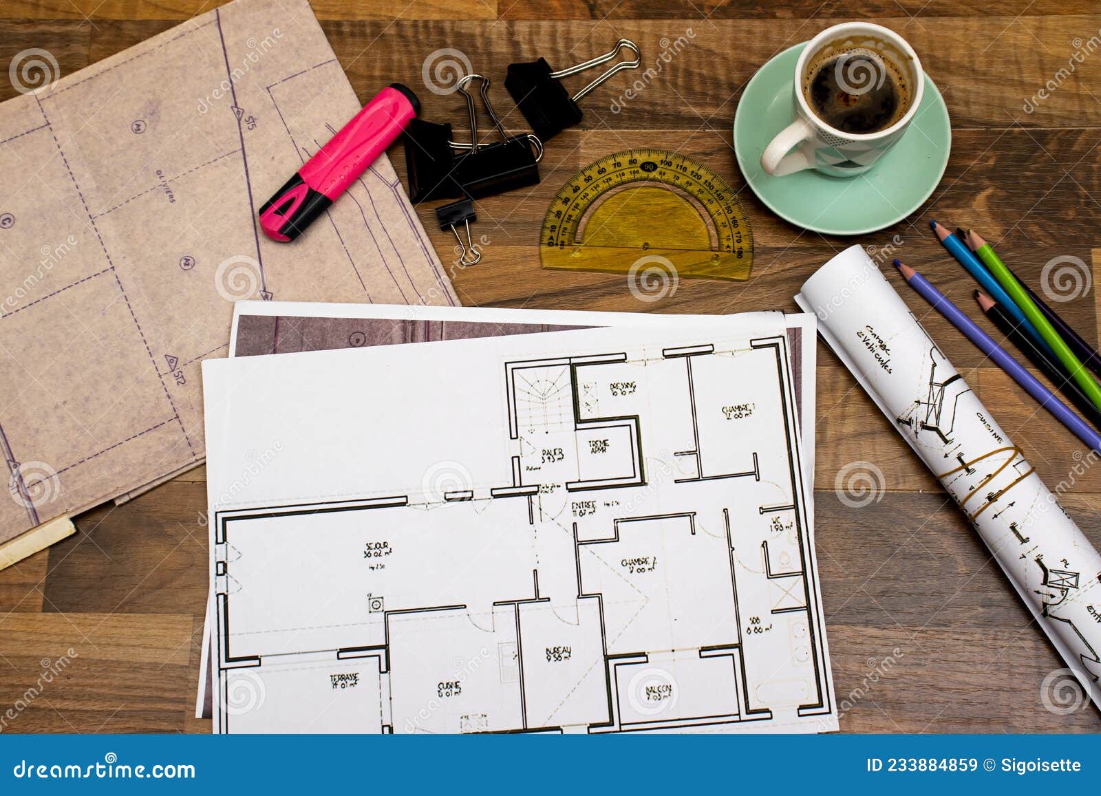 Architect Workplace Top View. Architectural Project, Blueprints ...