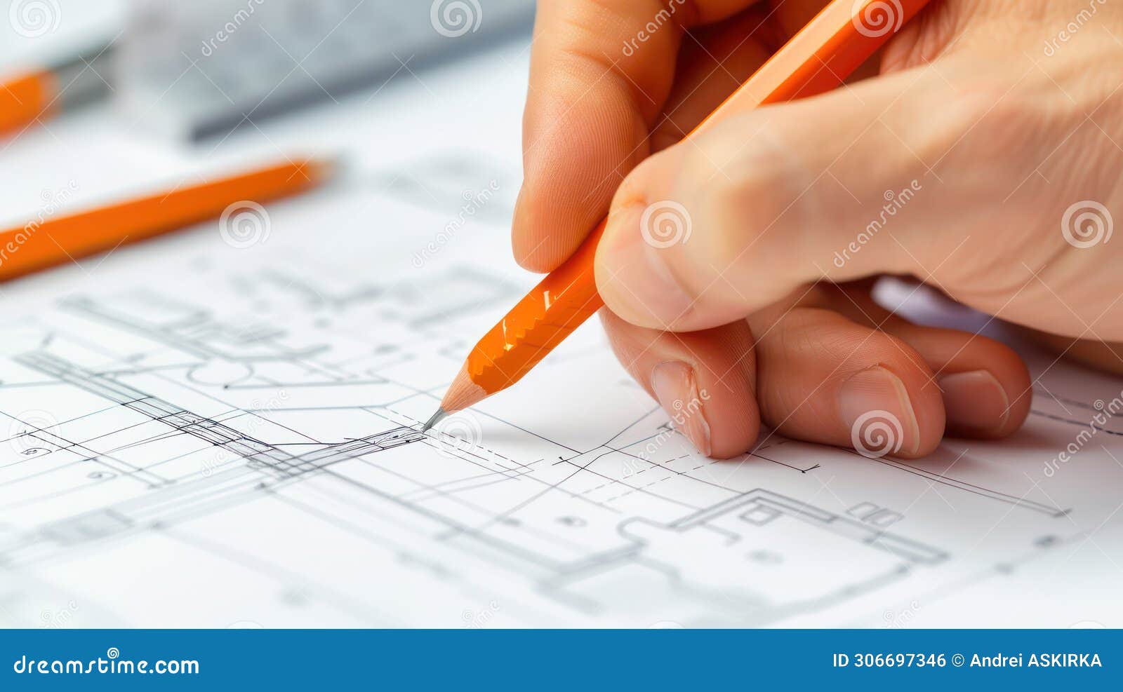 Architect's Workplace With Architectural Project Blueprints On The ... Architect's Workplace With Architectural Project Blueprints On The ...