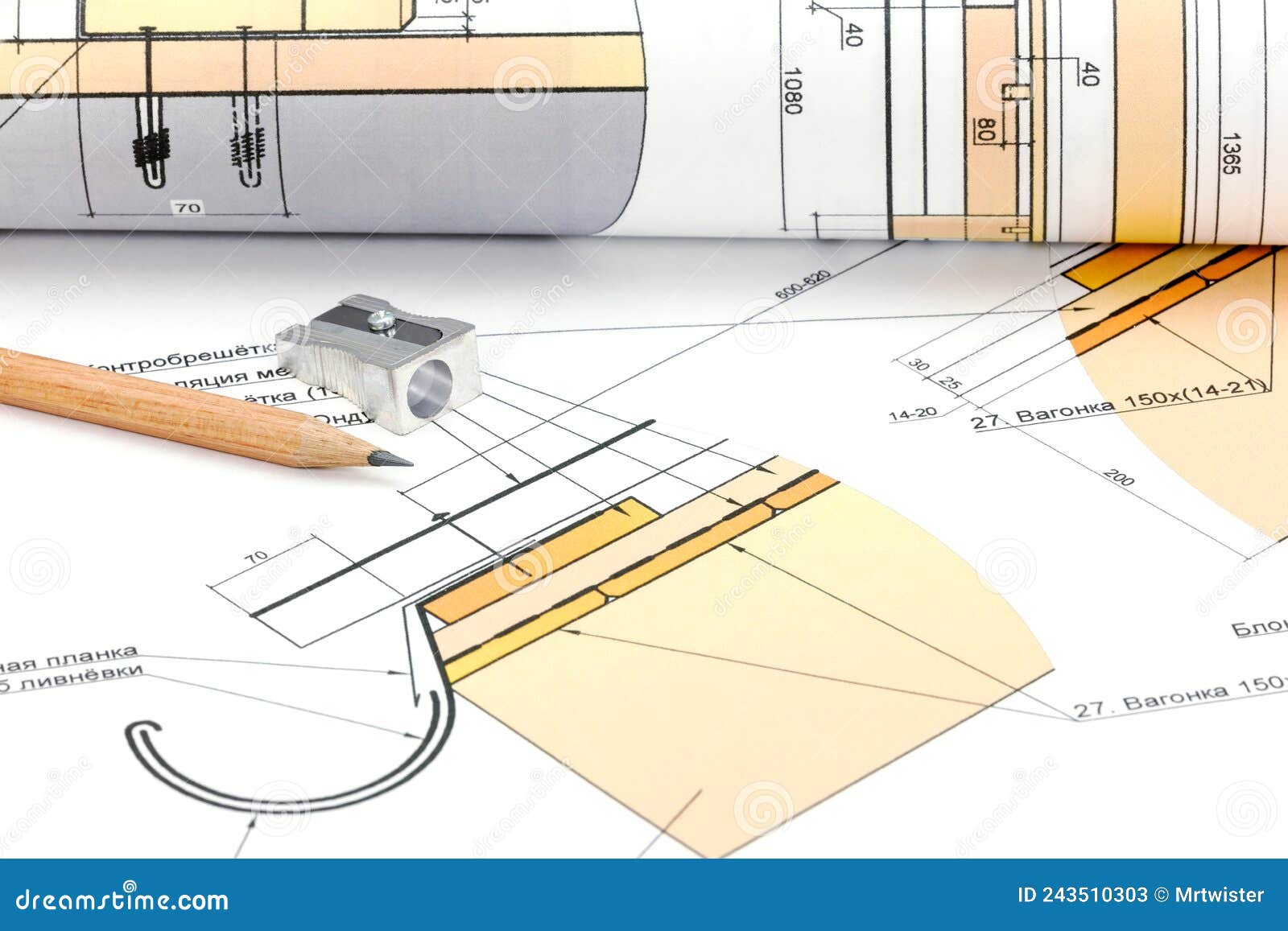 Rolls of Architectural Blueprints and House Plan with Pencil Stock ...