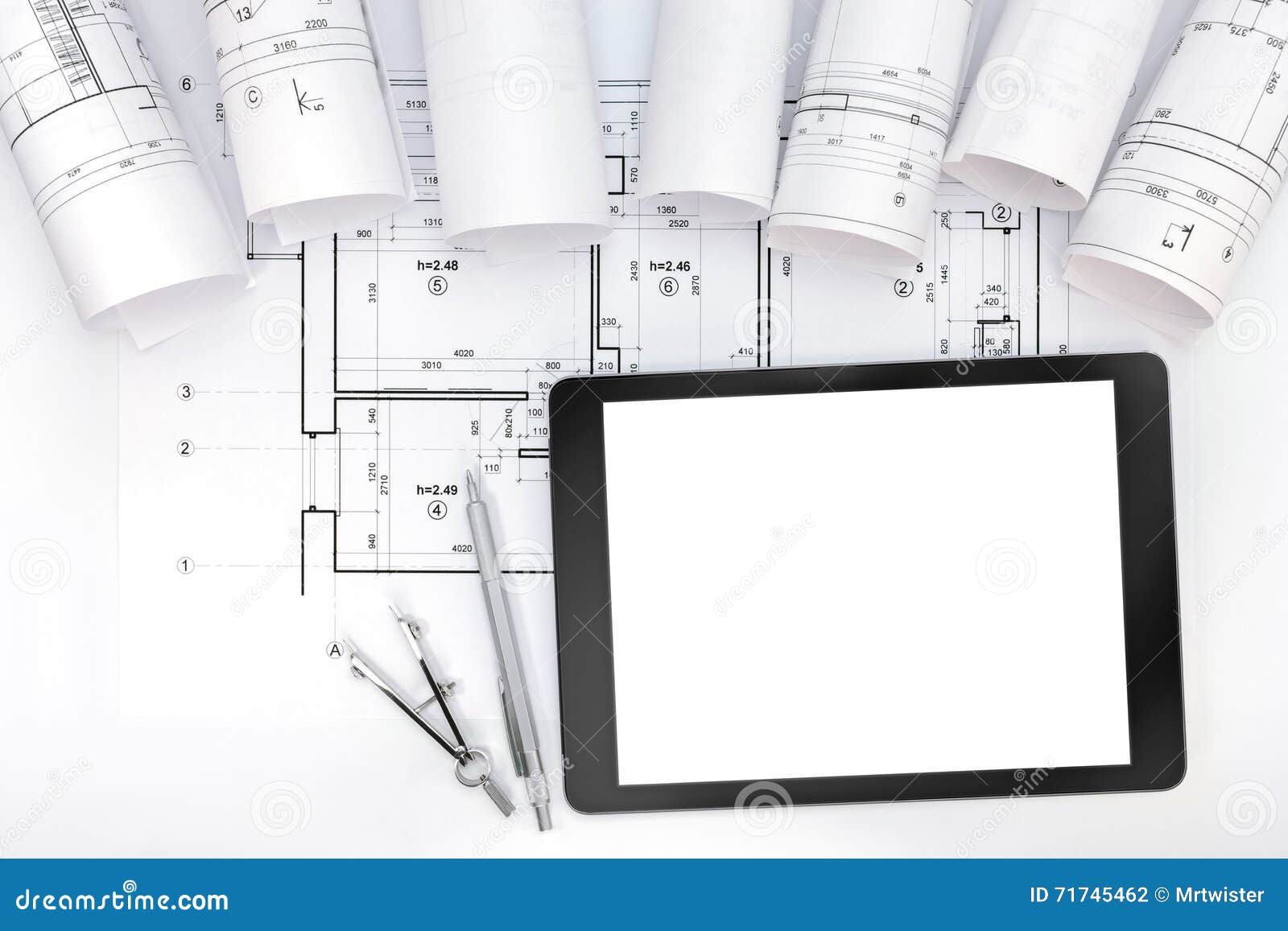 Architect Workspace with Blueprint Rolls, Tablet and Drawing Ins Stock ...