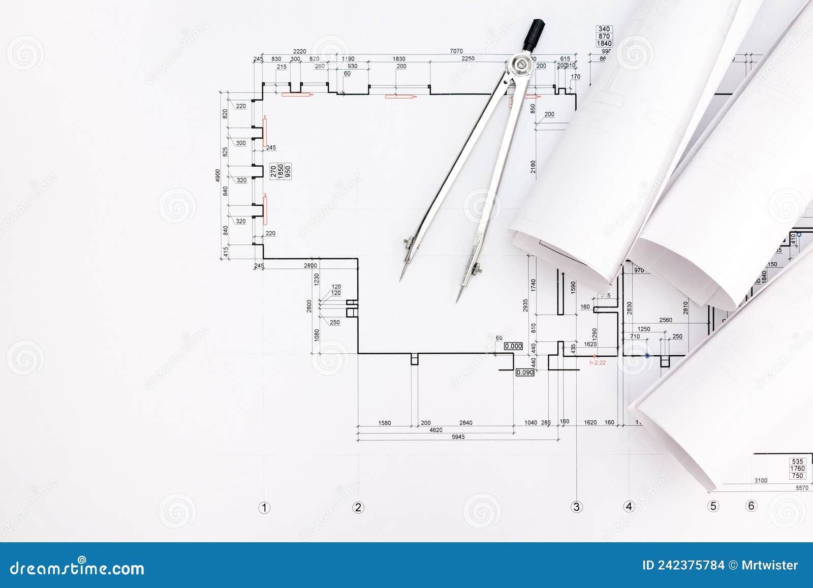 Architect Workspace with Blueprints and Drawing Compass Stock Photo ...