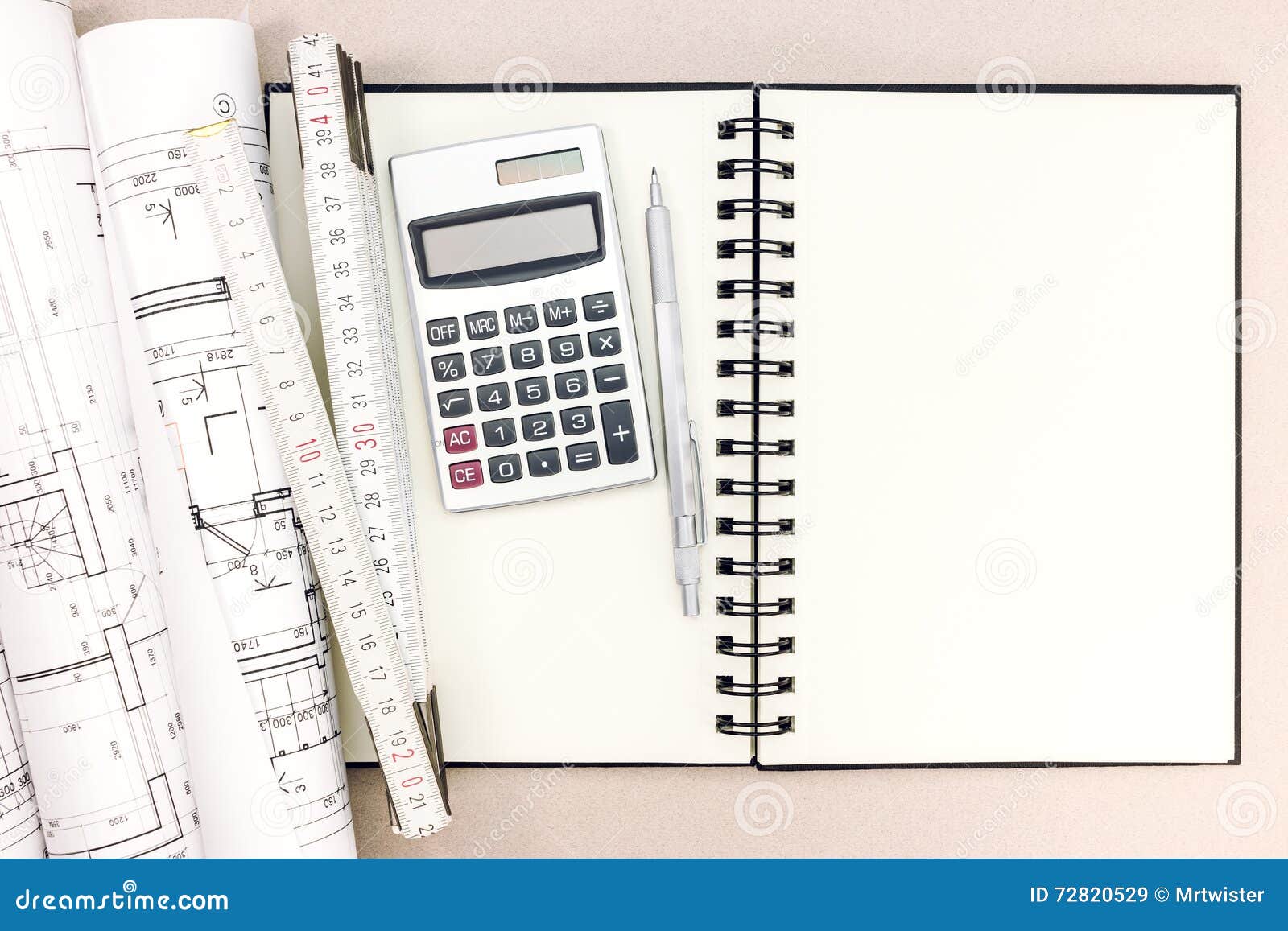 Architect Workspace with Blueprints, Notepad, Folding Rule Stock Image ...