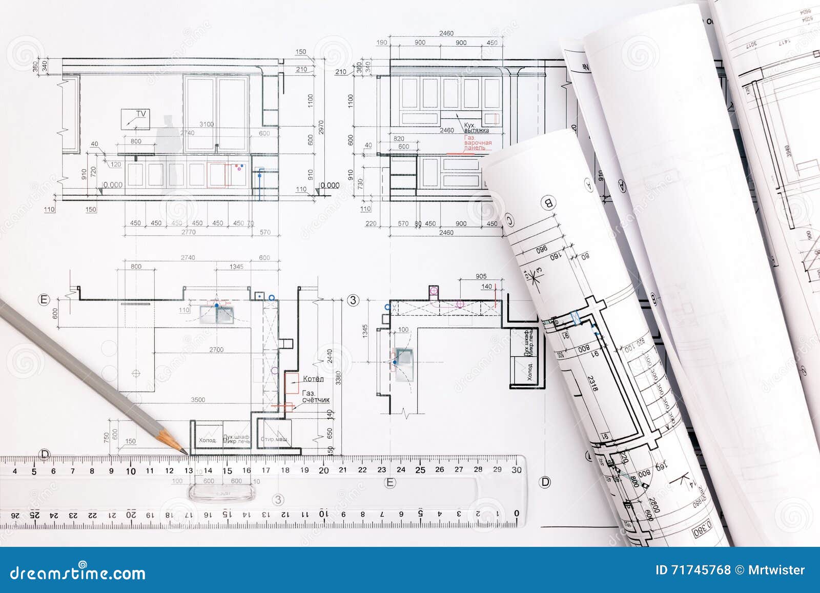 Architect Workspace with Blueprints, Pencil and Ruler Stock Photo ...