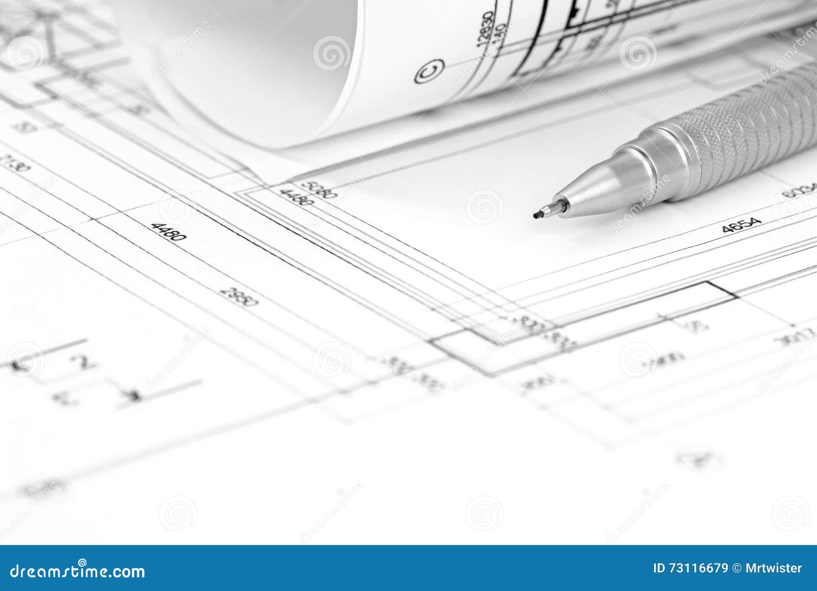 Architect Workspace with Floor Plan, Blueprint Roll and Pencil Stock ...