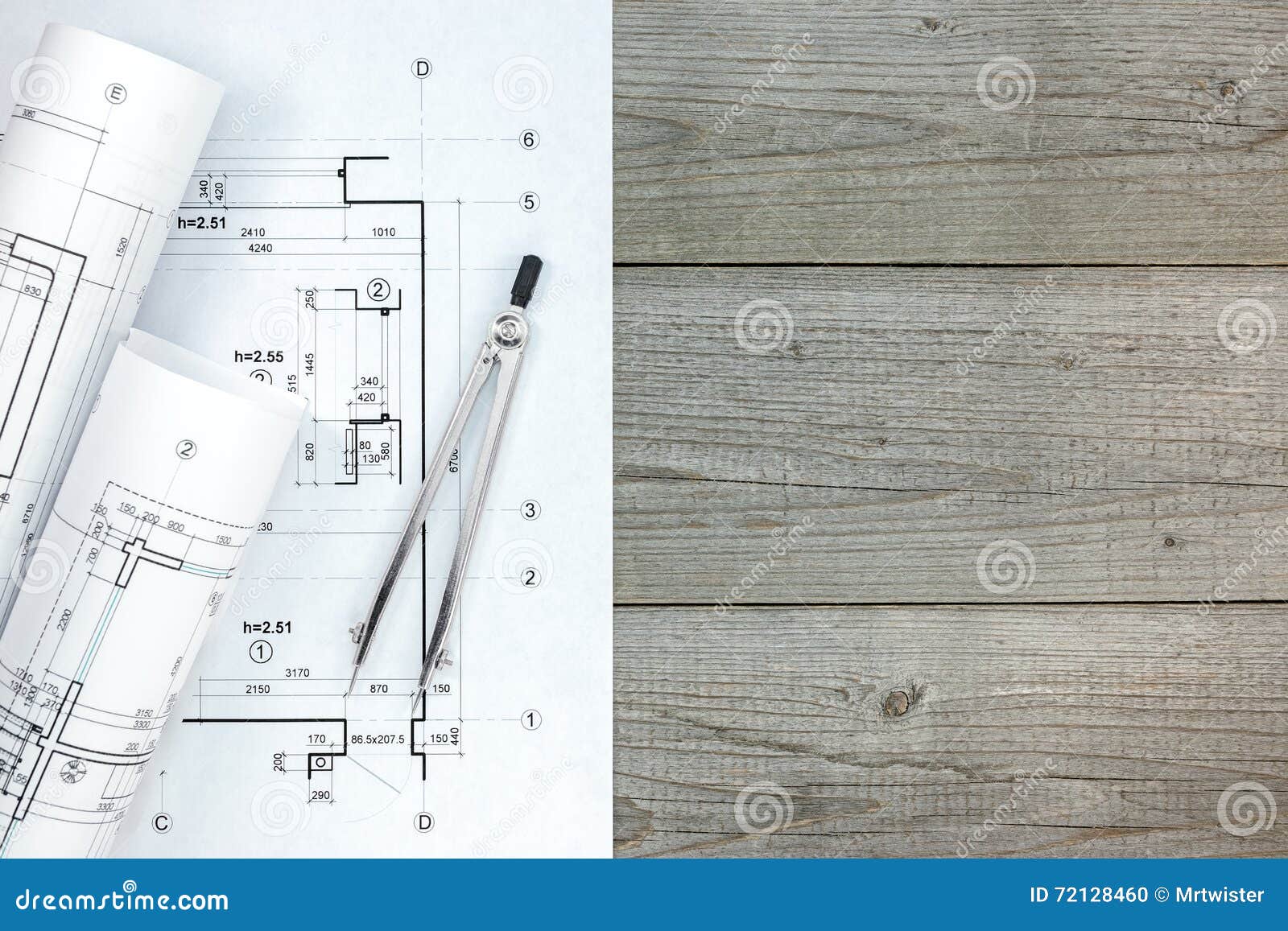 Architect Workspace with Floor Plan and Drawing Compass on Gray Stock ...