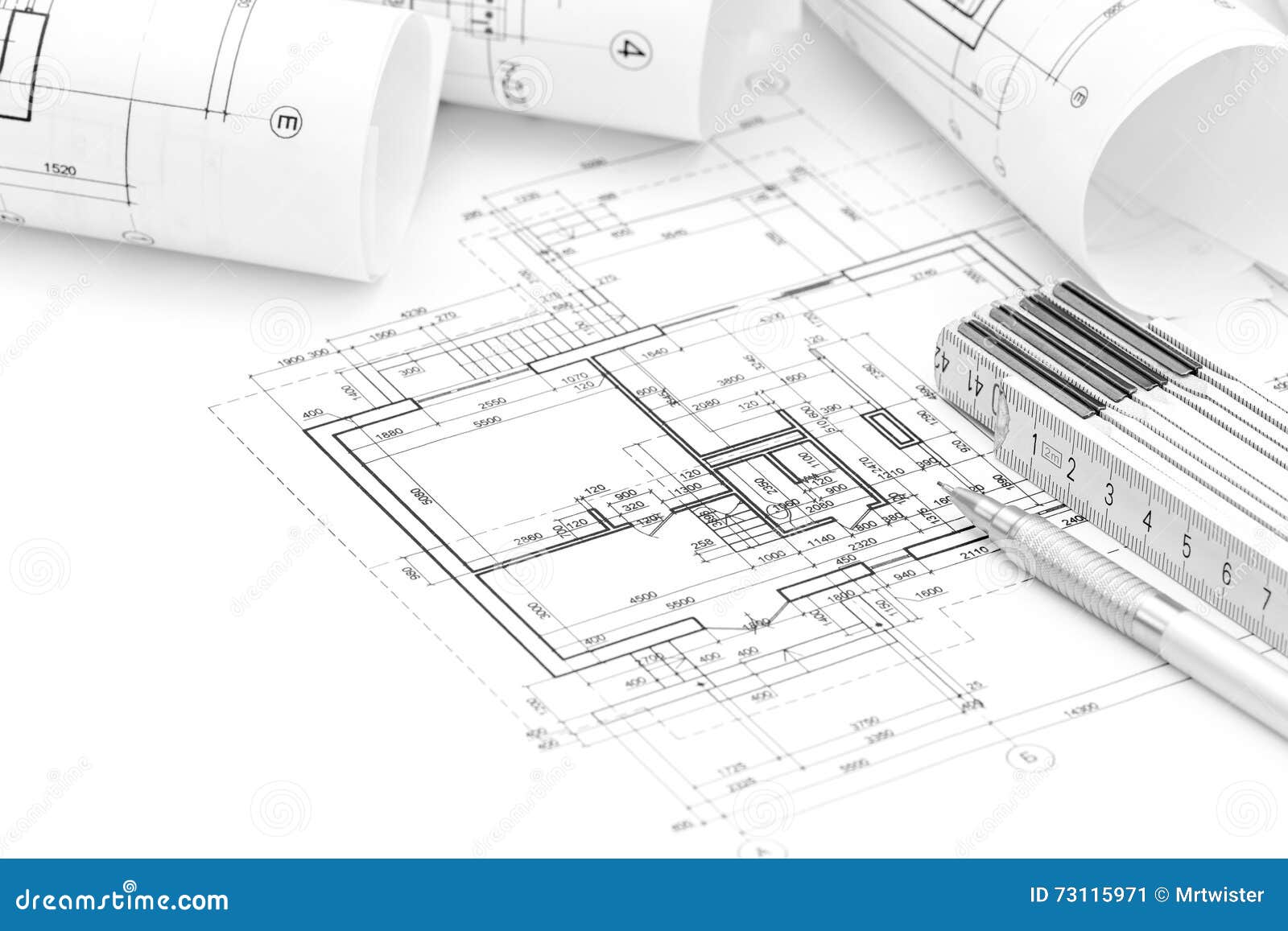 Architect Workspace with Plan, Rolled Blueprints and Folding Rule Stock ...