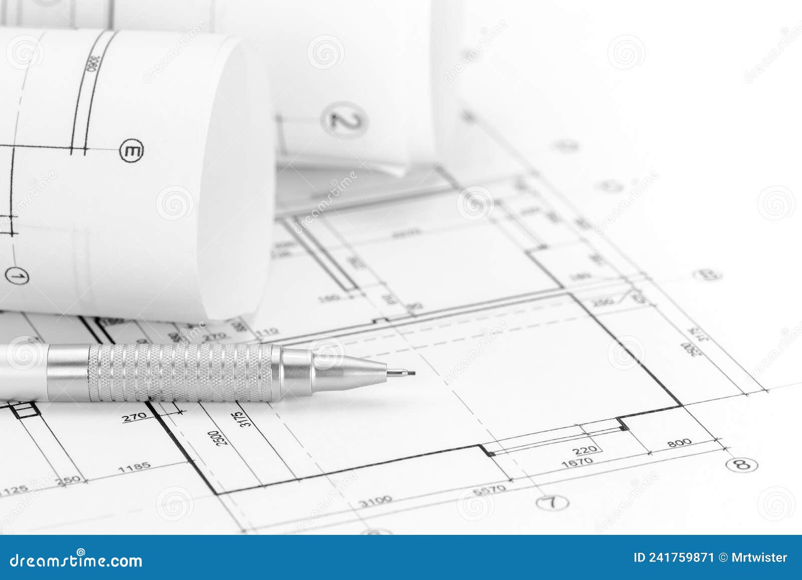Architect Workspace with Rolled Floor Plans and Blueprints Stock Image ...