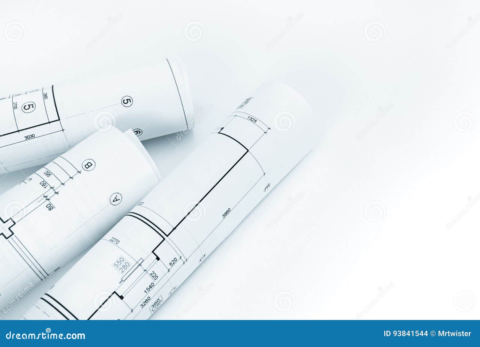 Architect Workspace with Rolls of Blueprints and Engineering Drawings ...