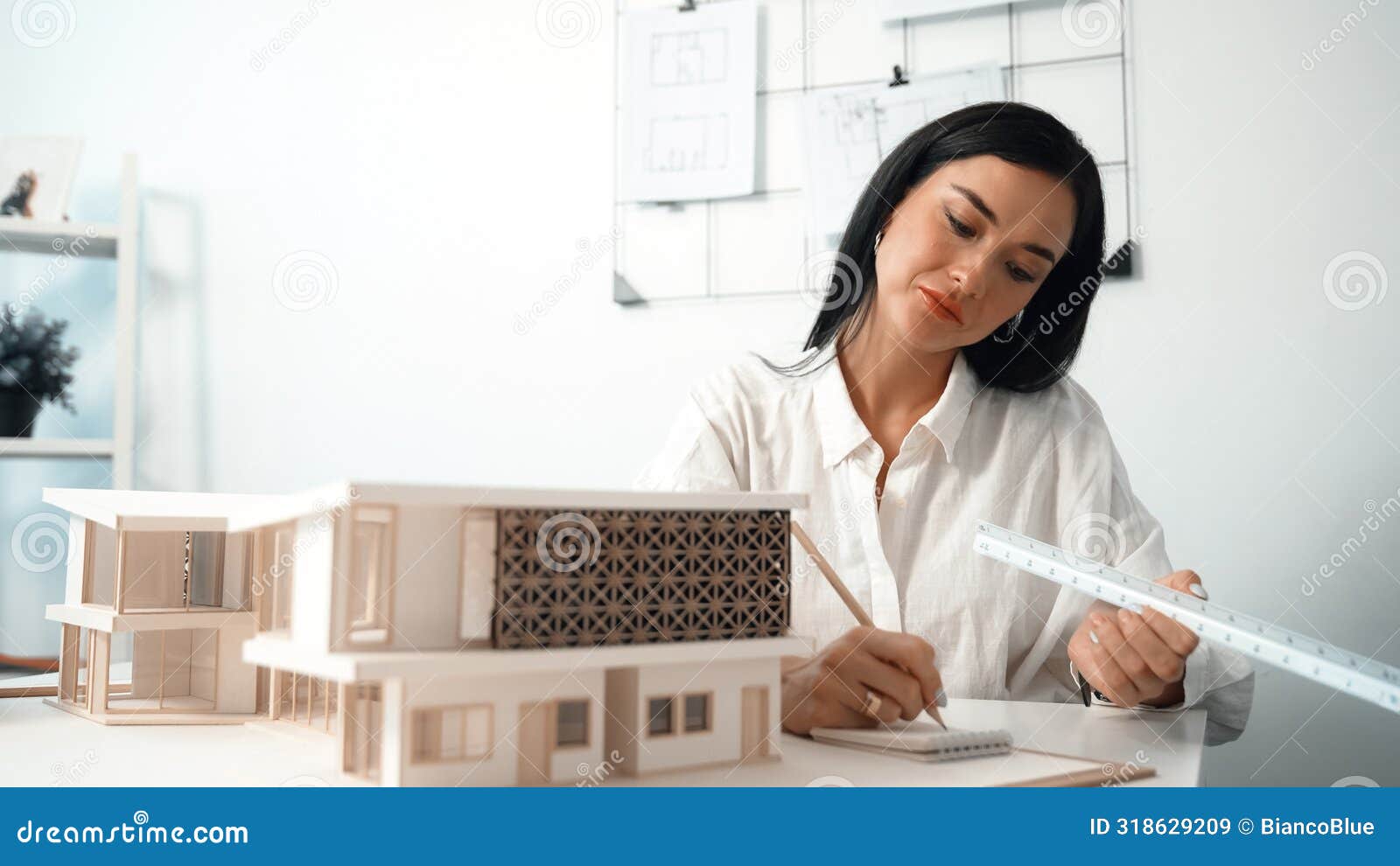 Architect Writing House Model Structure on Blueprint. Closeup ...