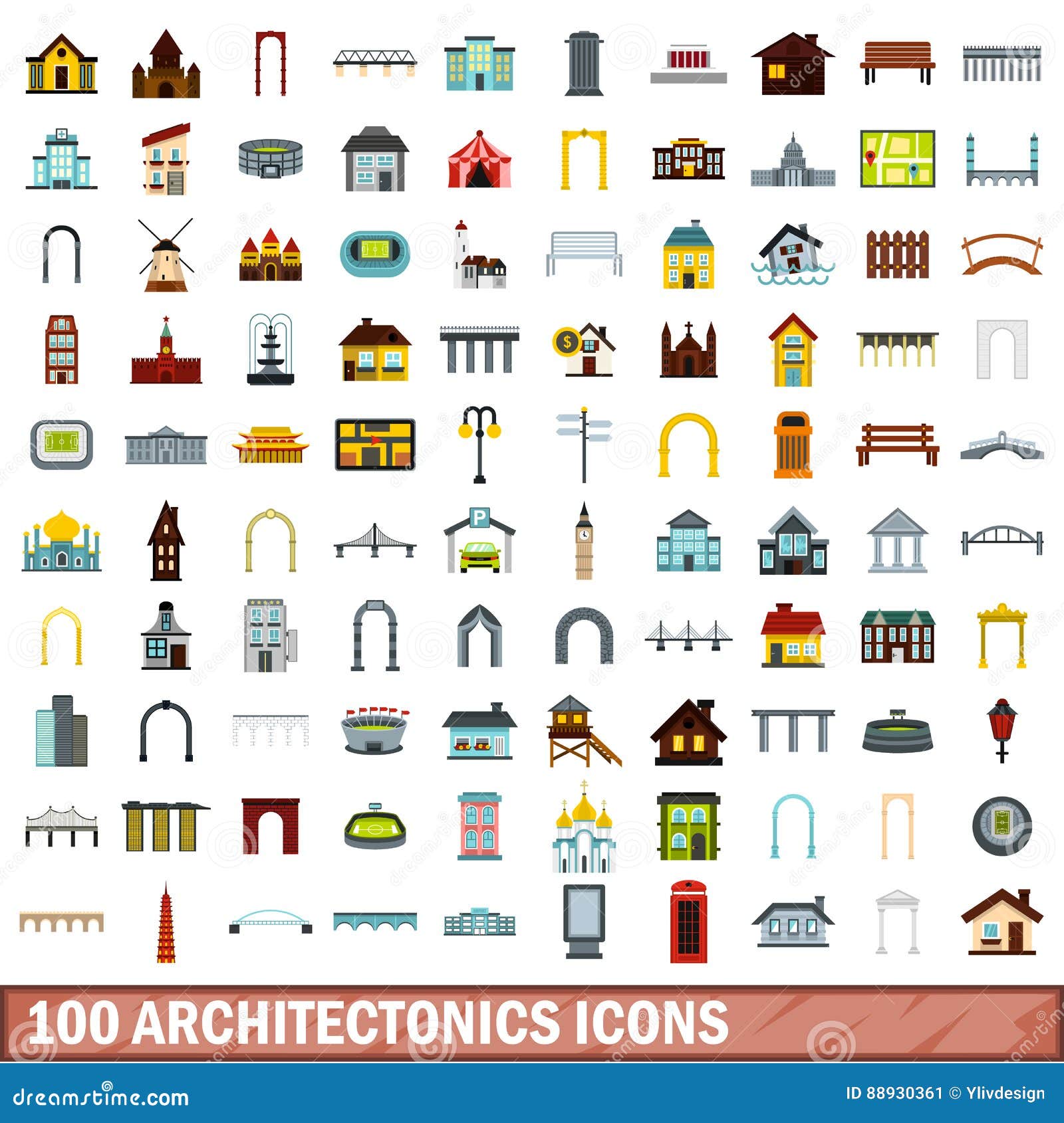 100 Architectonics Icons Set, Flat Style Stock Vector - Illustration of ...