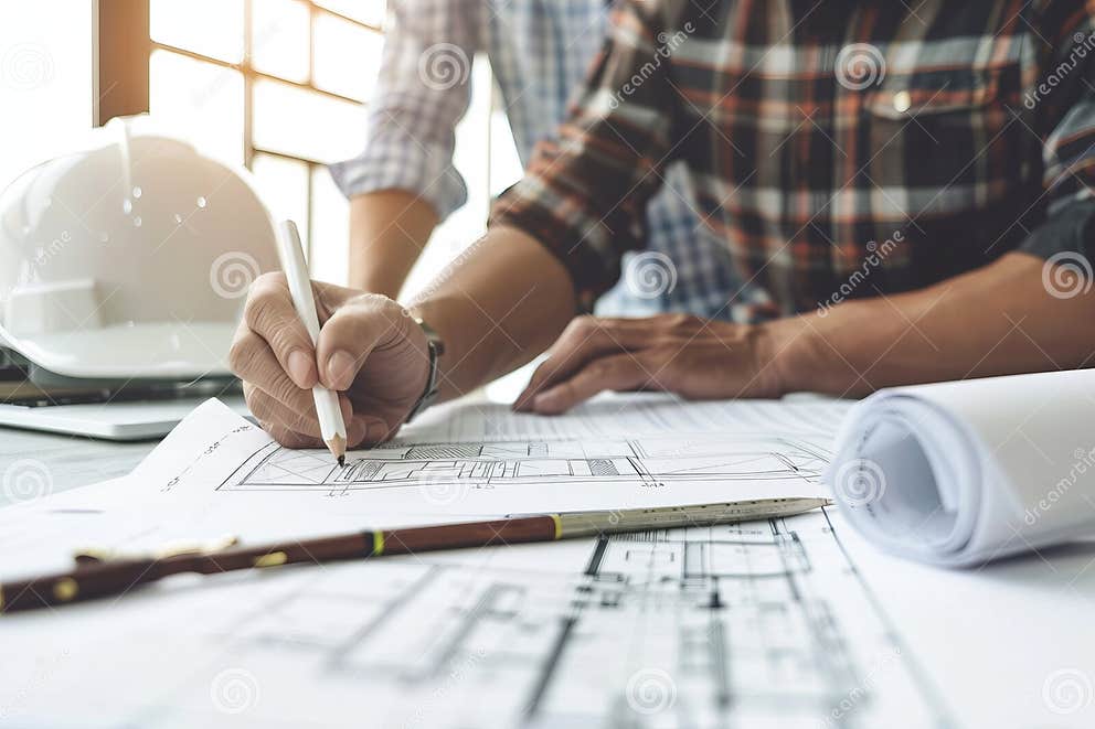 Architects Working on Blueprints. Hands on Drafting Table. Team ...