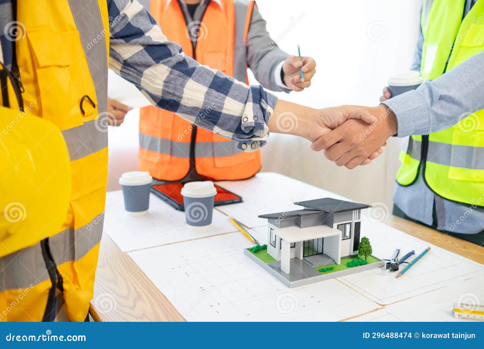 Architects and Construction Engineering Handshake after Meeting Discuss ...