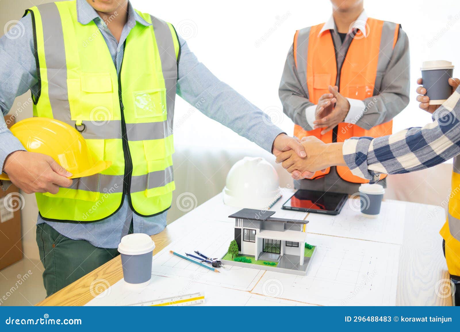 Architects and Construction Engineering Handshake after Meeting Discuss ...