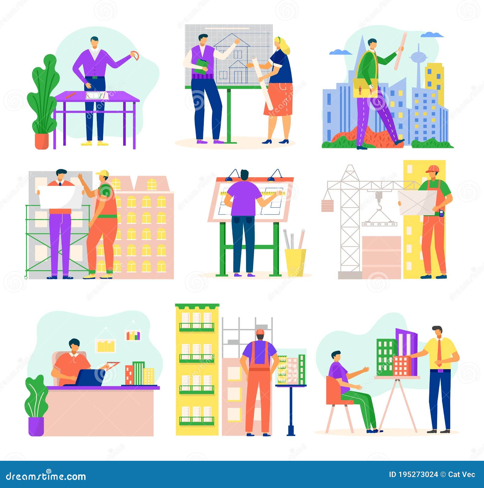 Set Of Architects Or Construction Engineers Working On Architectural ...