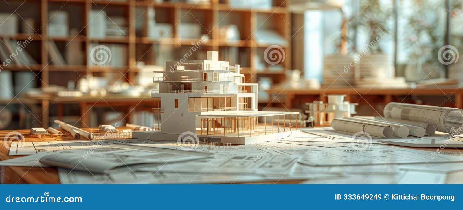 Architects Desk with Blueprints and Scale Models, Urban Development ...
