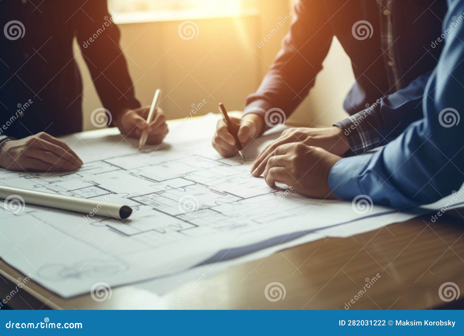 Architects and Engineers Discussing at Table Engineer Hand Drawing Plan ...