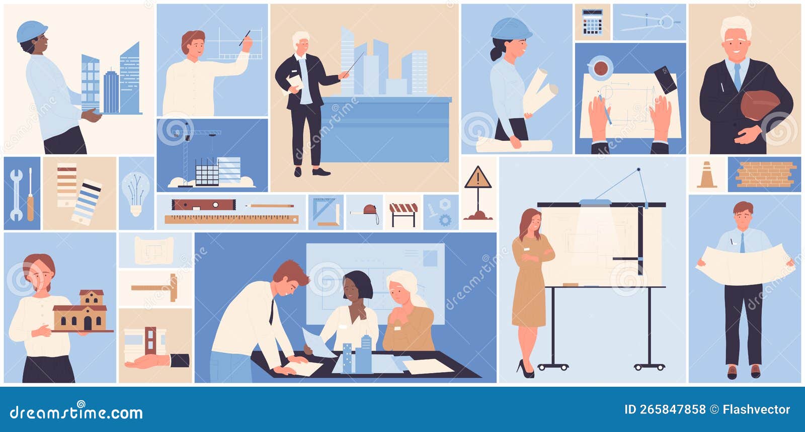 Architects and Engineers Work on Construction Projects Square Collage ...